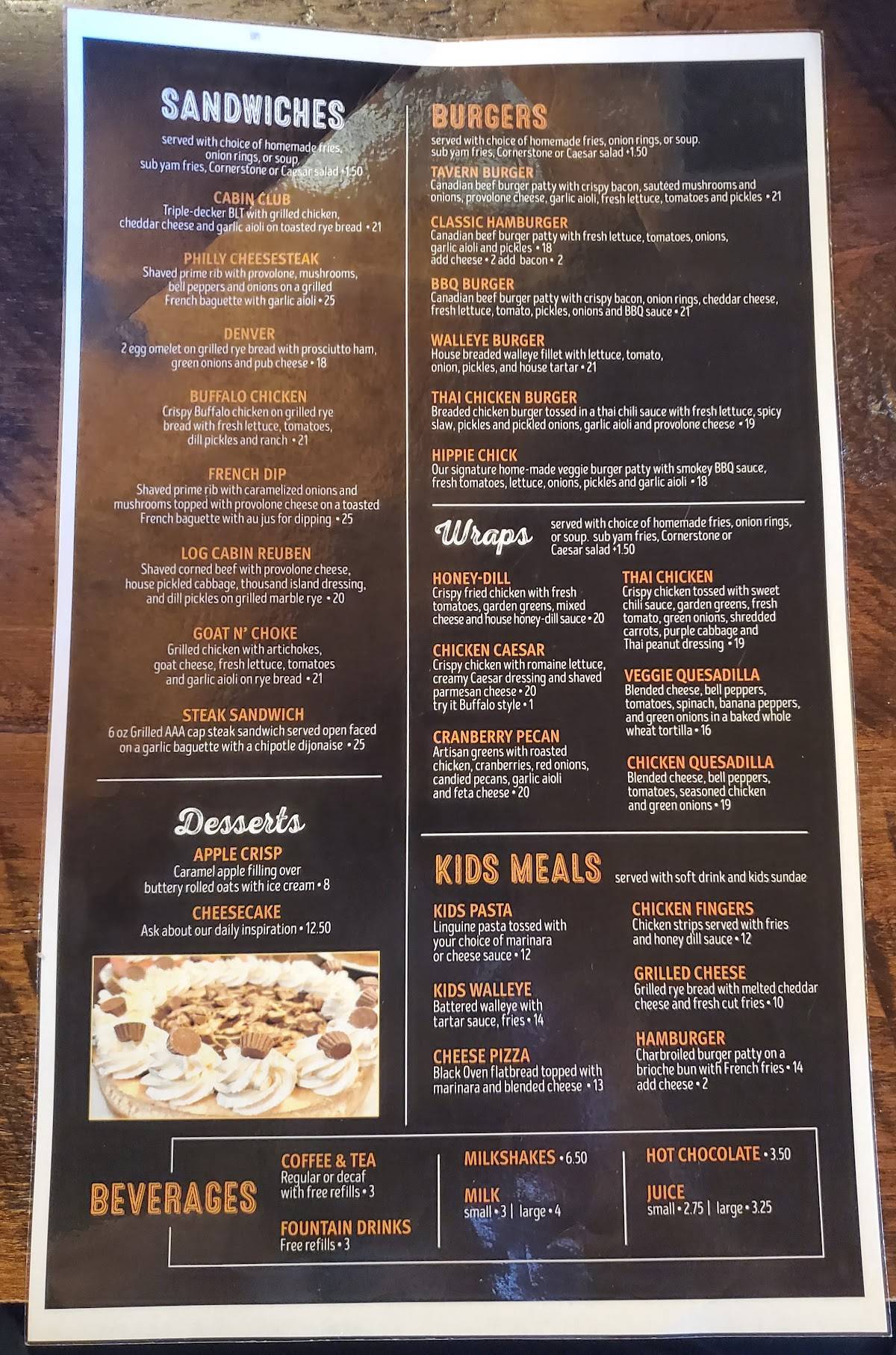 Menu at Log Cabin Tavern pub & bar, Kenora