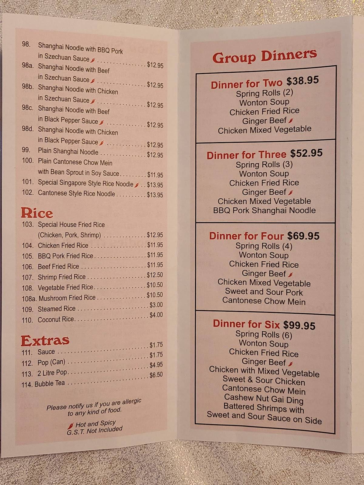 Menu at Ken's Kowloon Kitchen restaurant, Calgary