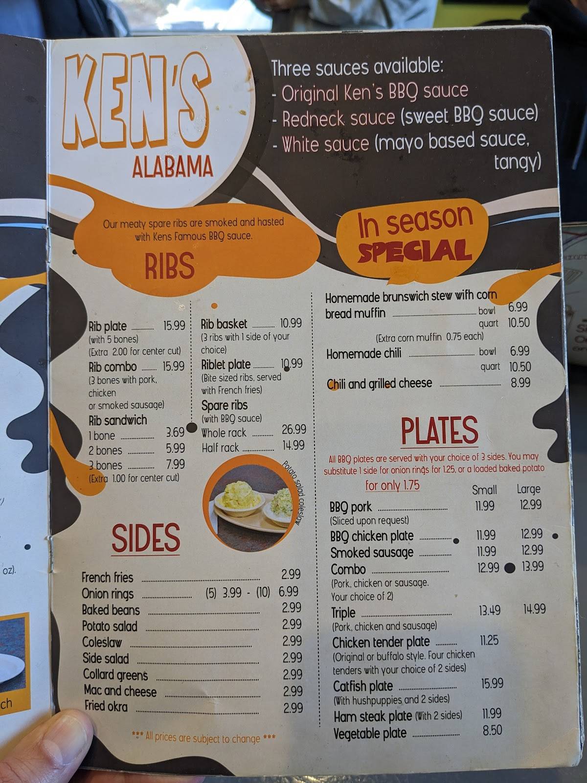 Menu at Ken's Hickory Pit Barbecue, Birmingham, Pinson Valley Pkwy