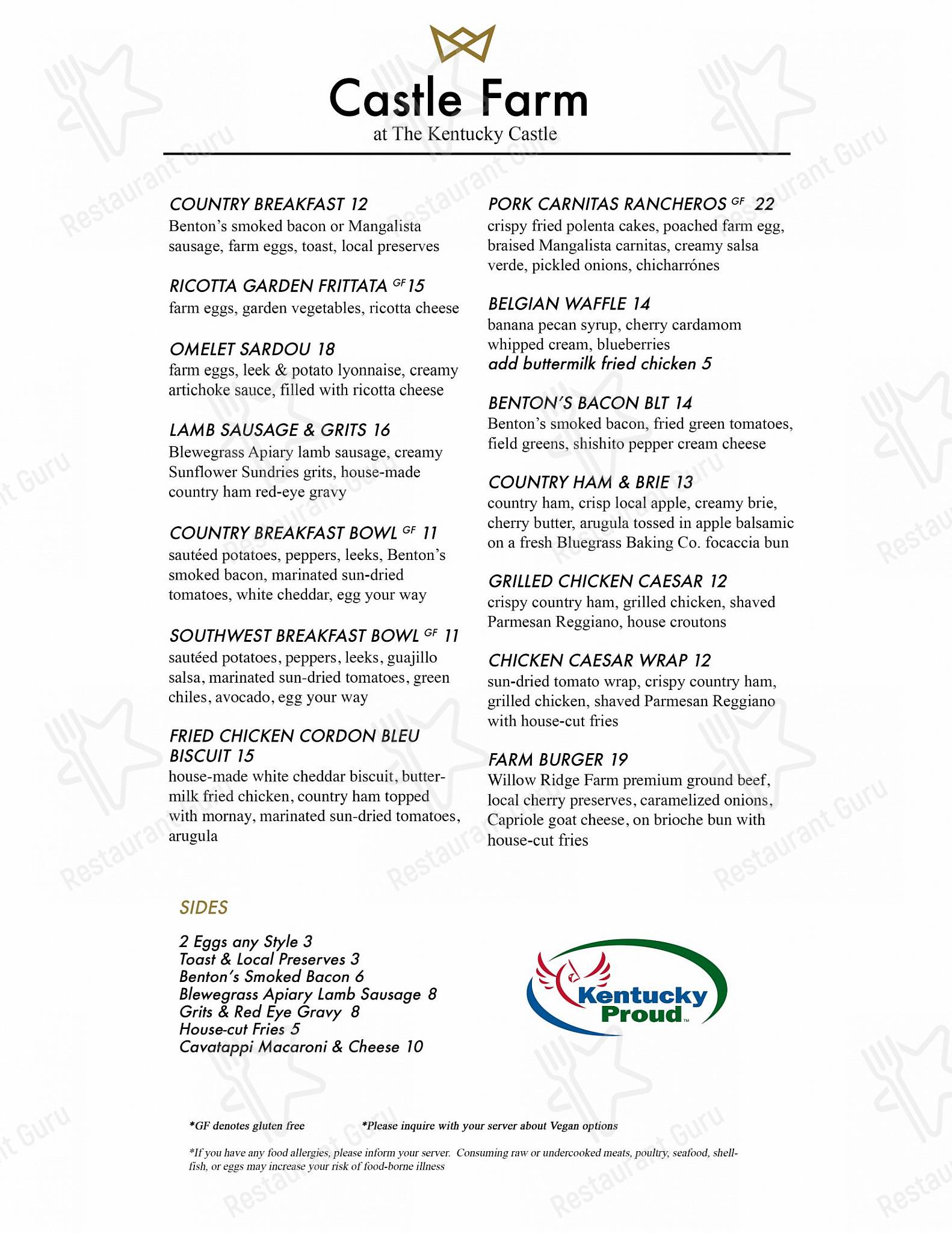 Menu at The Kentucky Castle restaurant, USA