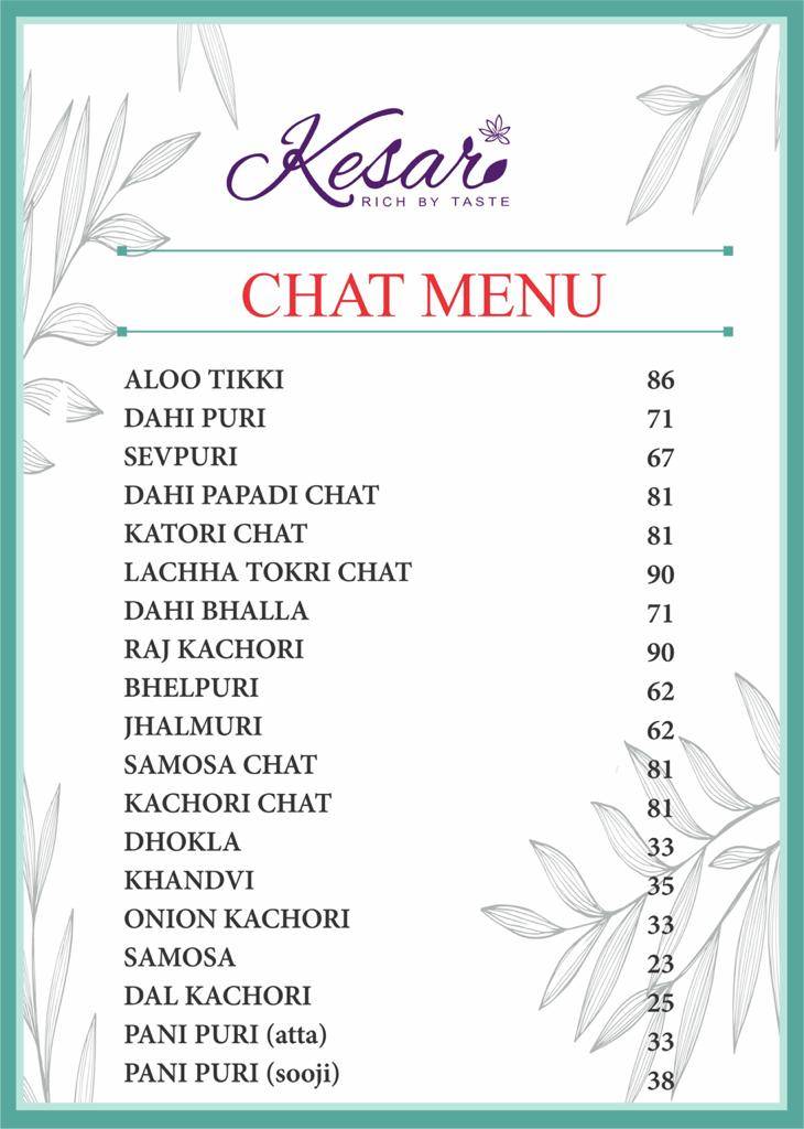 Menu at Kesar Sweets and Restaurant, Bengaluru, S 612