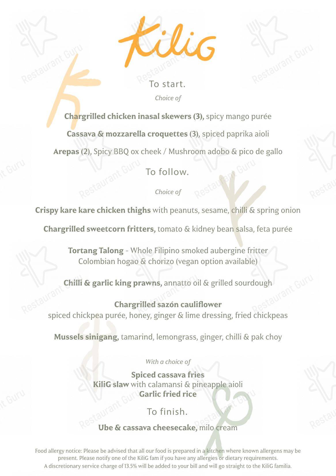 Menu at KiliG restaurant, London