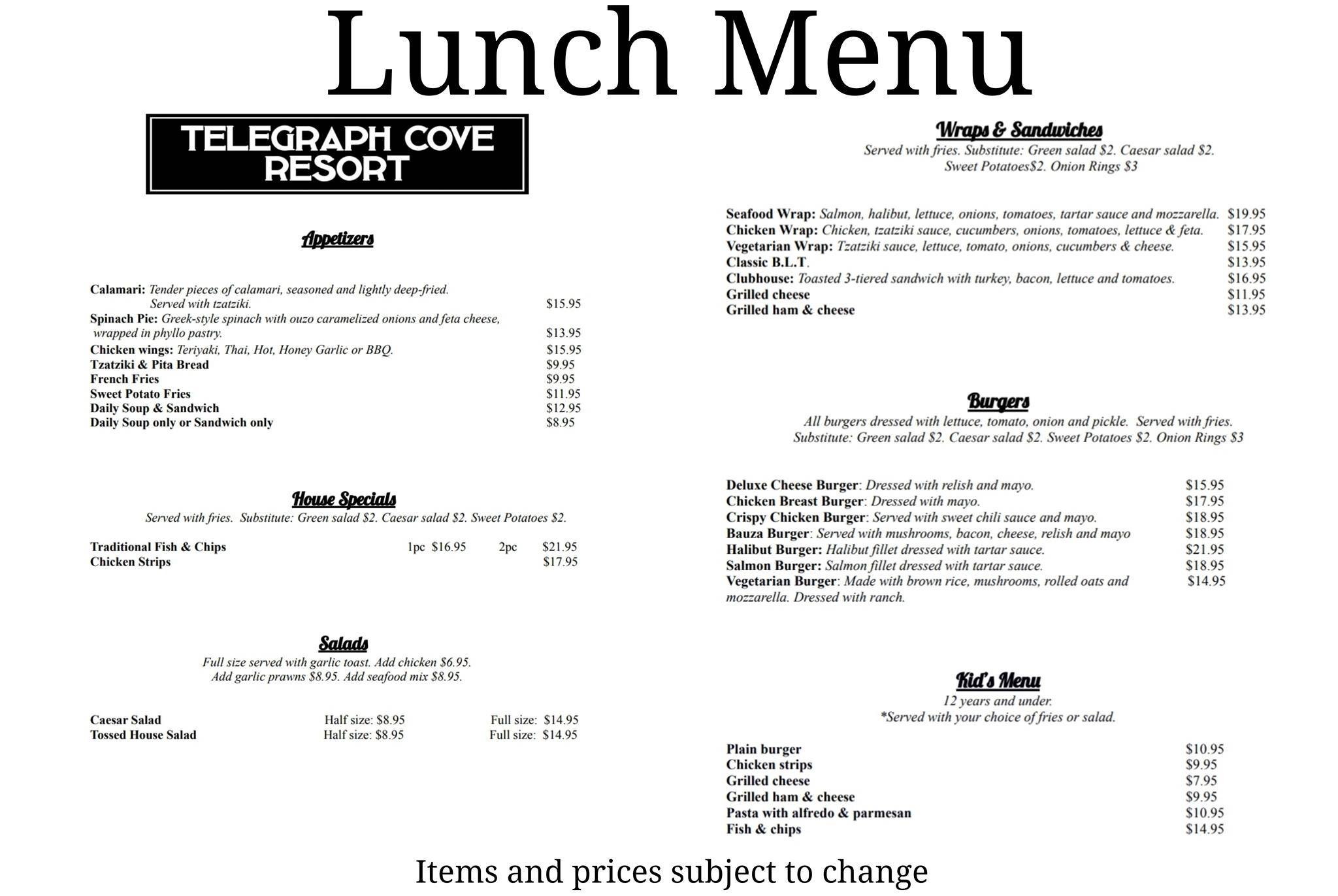 Menu au Killer whale cafe, Telegraph Cove
