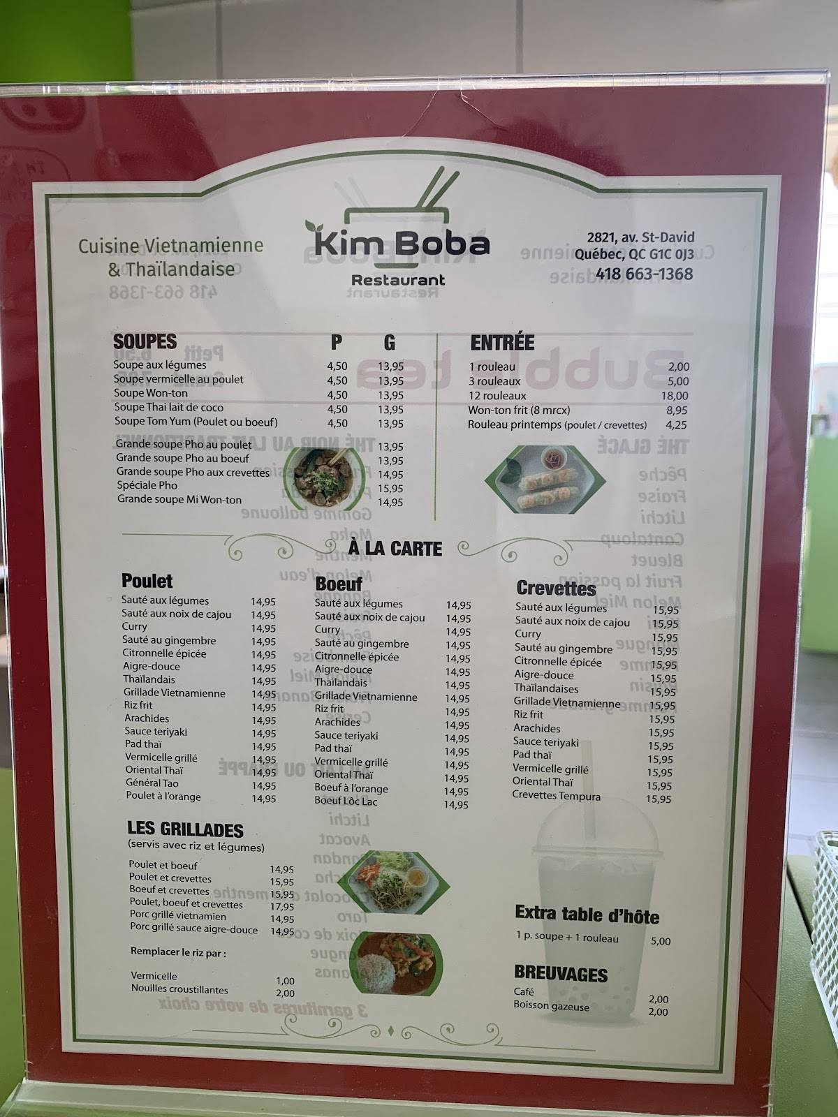 Menu au Kim BoBa restaurant, Québec