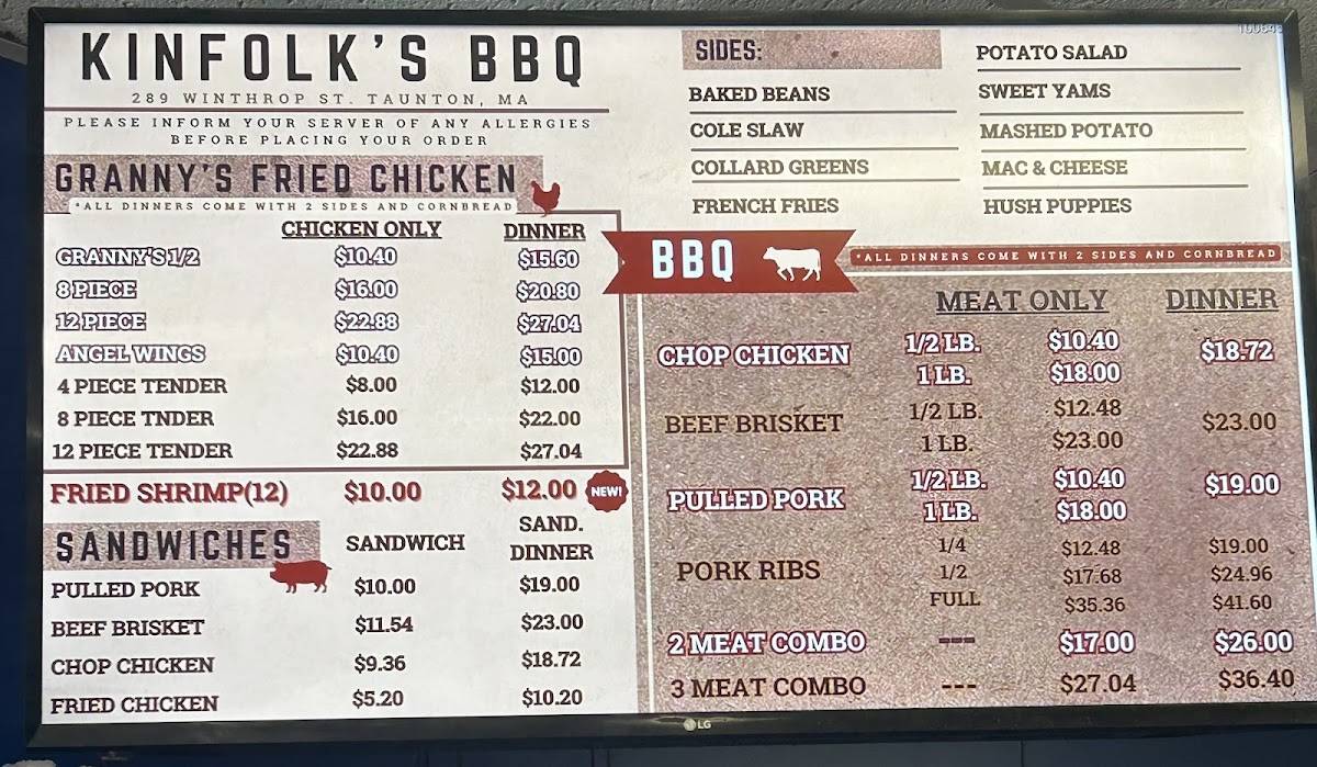 Menu at Kinfolks BBQ, Taunton, 289 Winthrop St