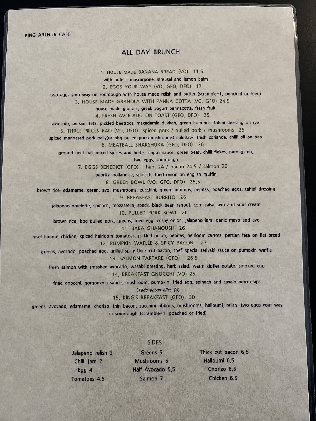 Menu at King Arthur Cafe, Fortitude Valley