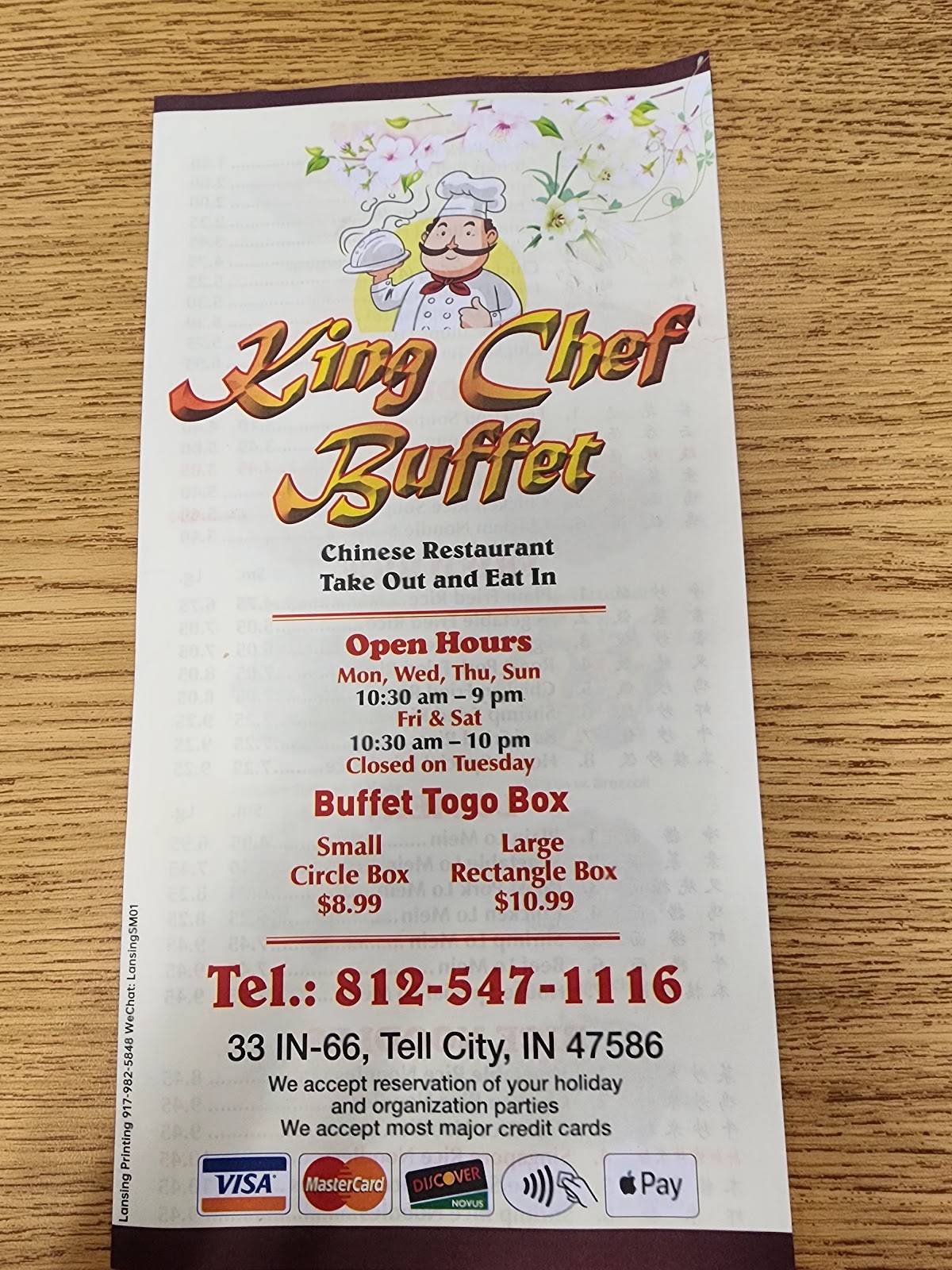 Menu at King Chef's Buffet restaurant, Tell City
