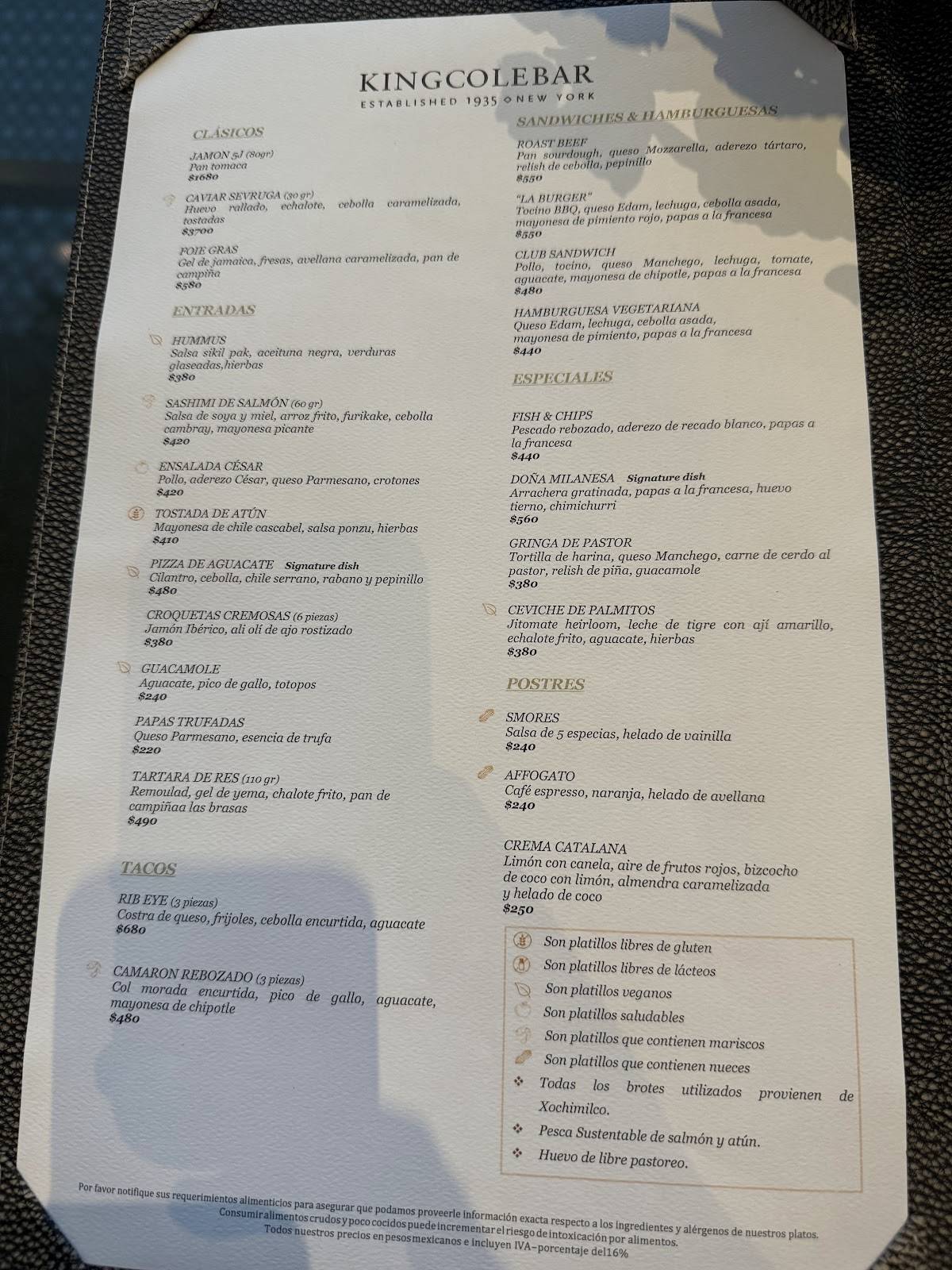 Menu at King Cole Bar, Mexico City