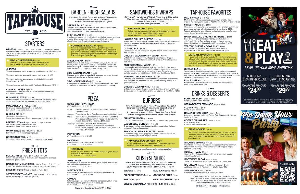 Menu at KingPins Family Entertainment Center restaurant, Beaverton