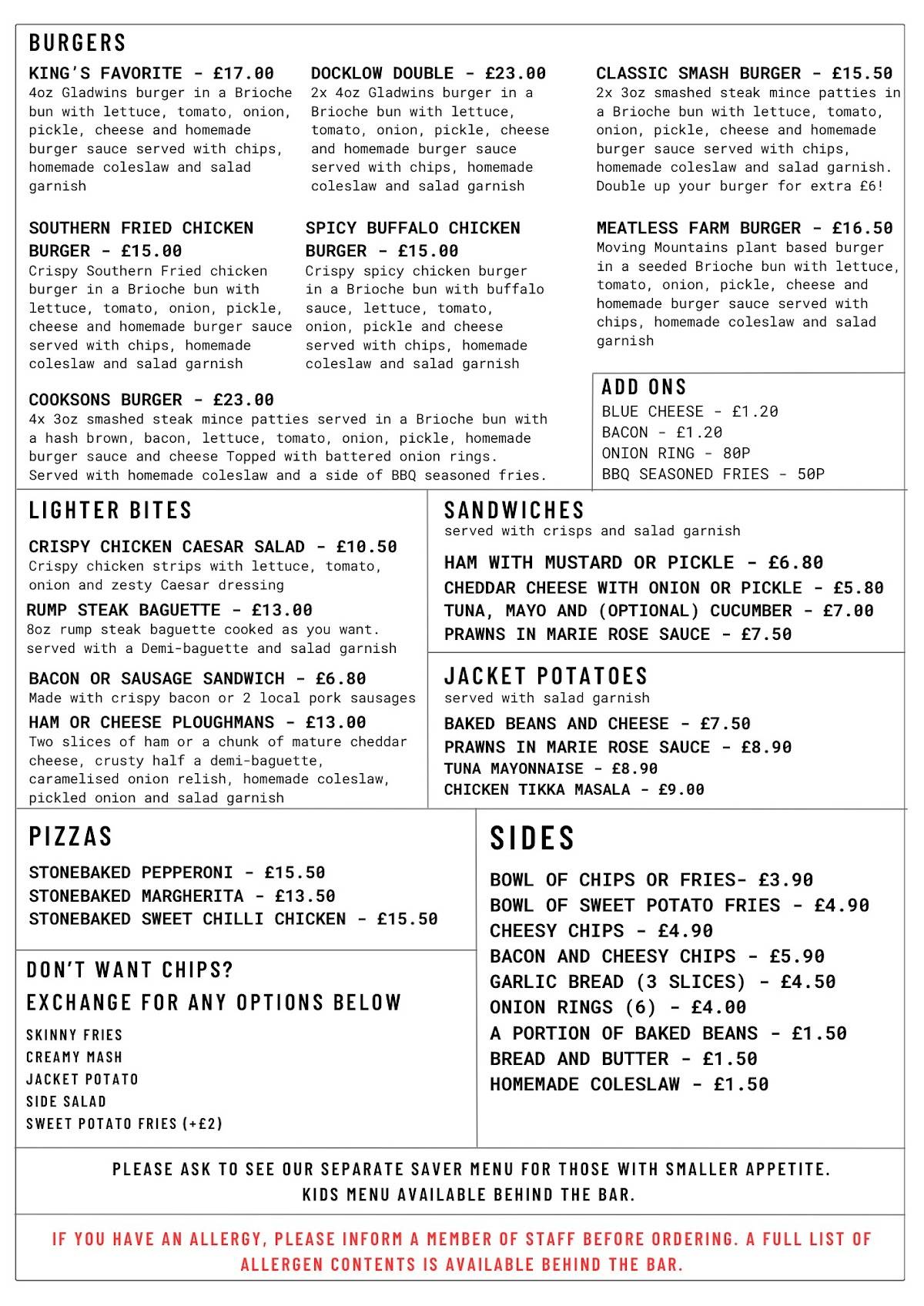 Menu at Kings Head pub & bar, Docklow