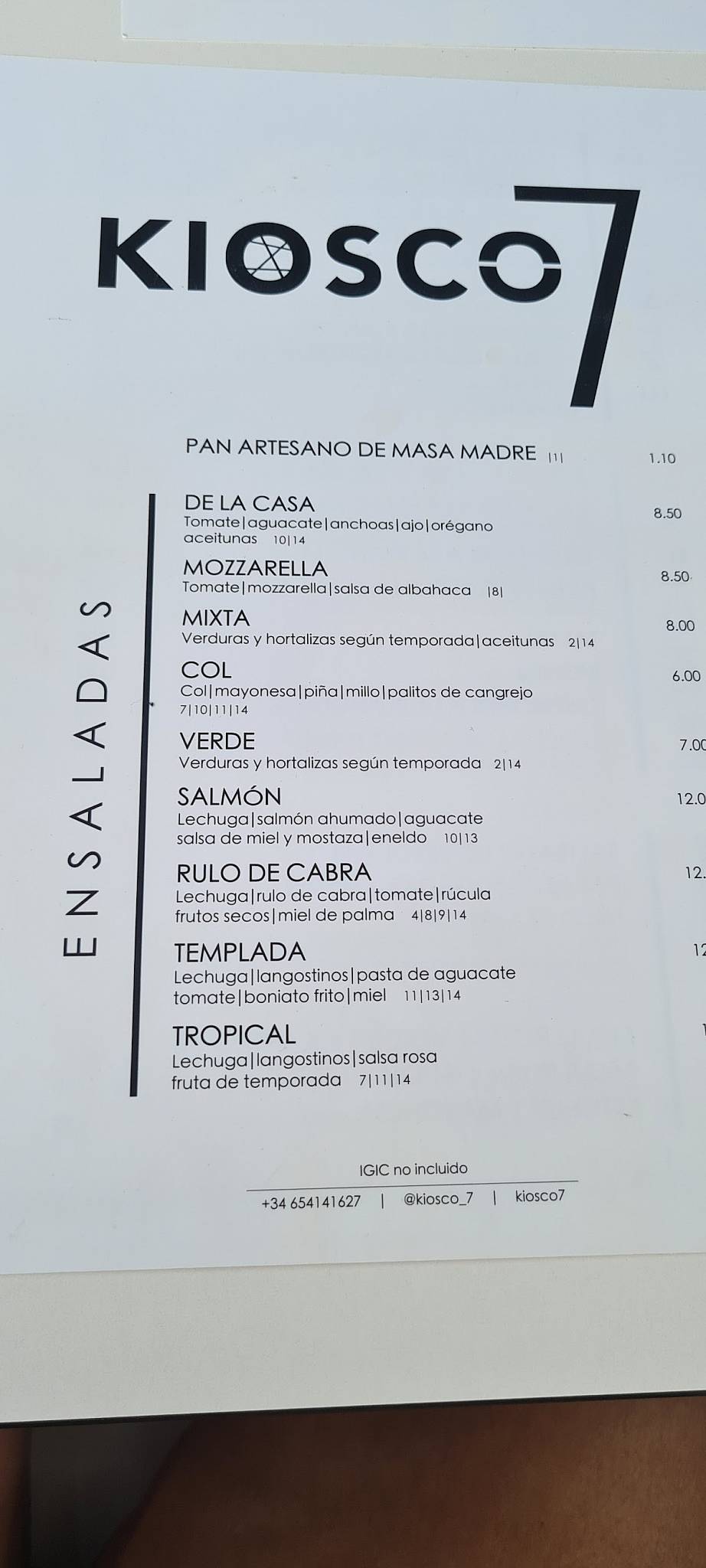 Carta del restaurante Kiosco 7, Los Llanos del Aridane