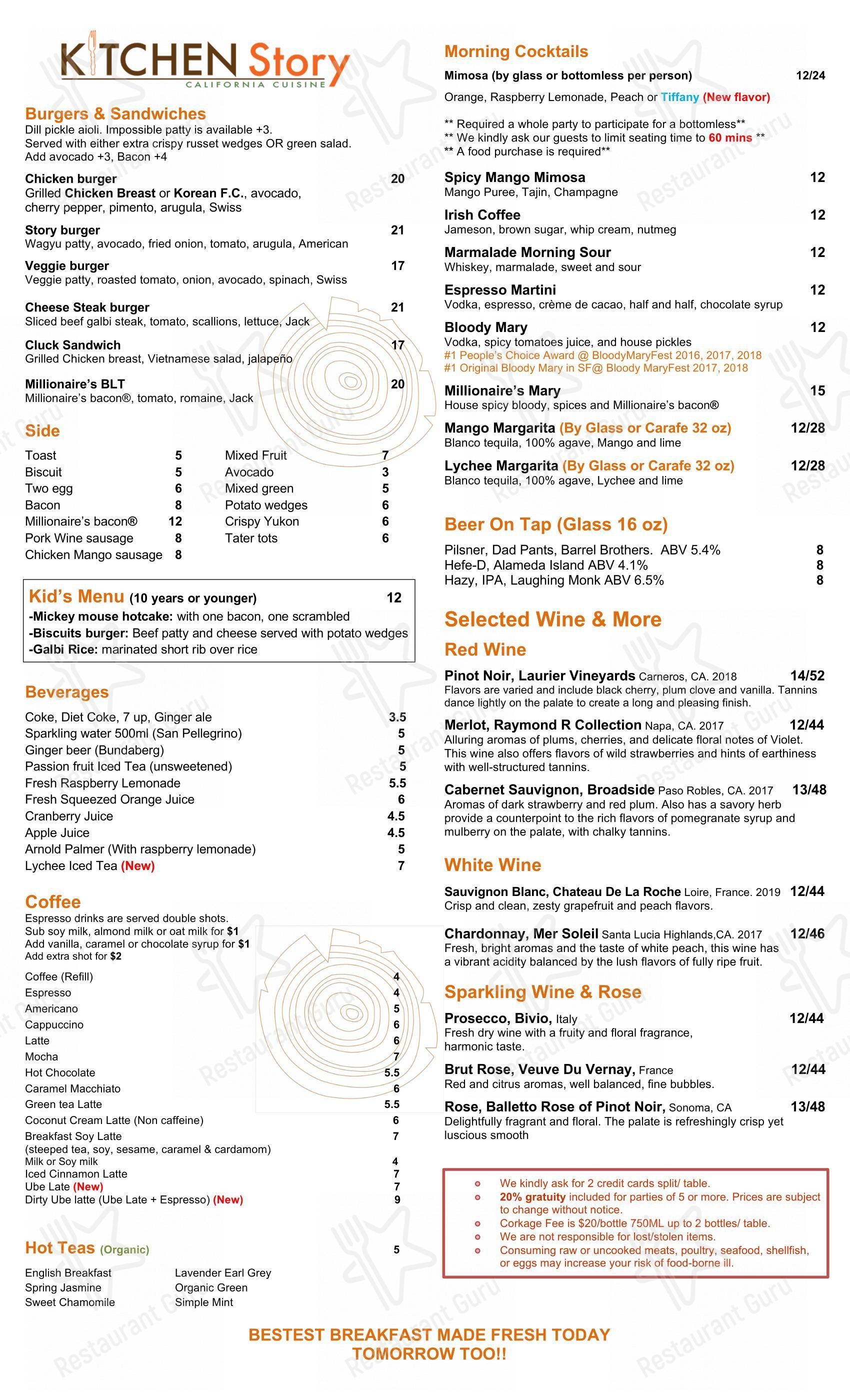 Menu at Kitchen Story Oakland restaurant, Oakland, College Ave
