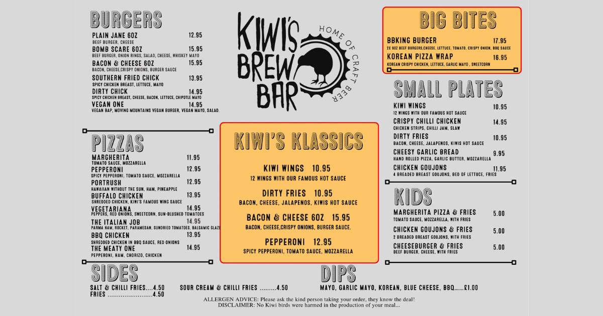 Menu at Kiwi's Brew Bar, Portrush