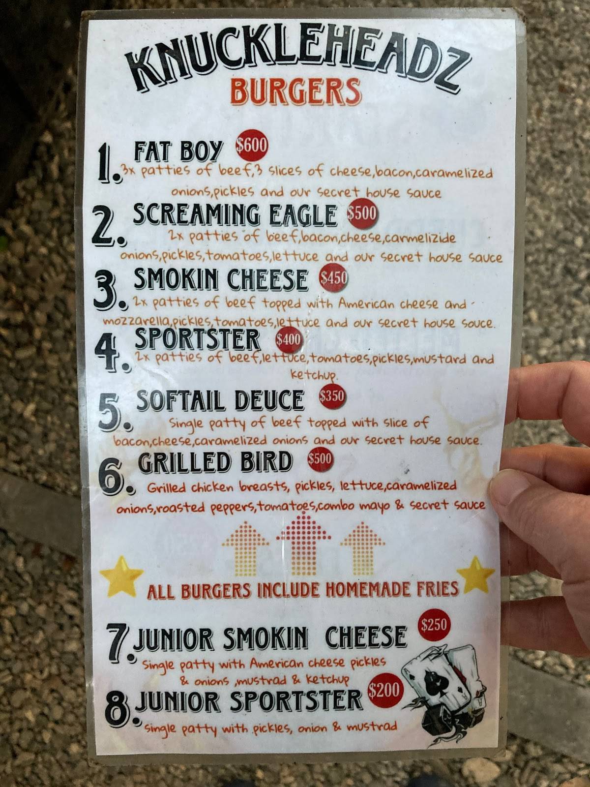Menu at Knuckleheadz Burgers restaurant, Cabarete