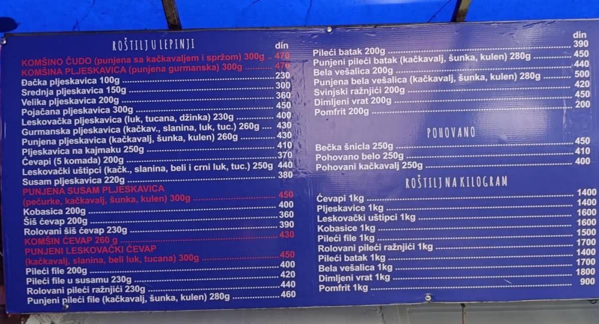 Menu at Kod Komše restaurant, Belgrade, Vojvode Stepe 235