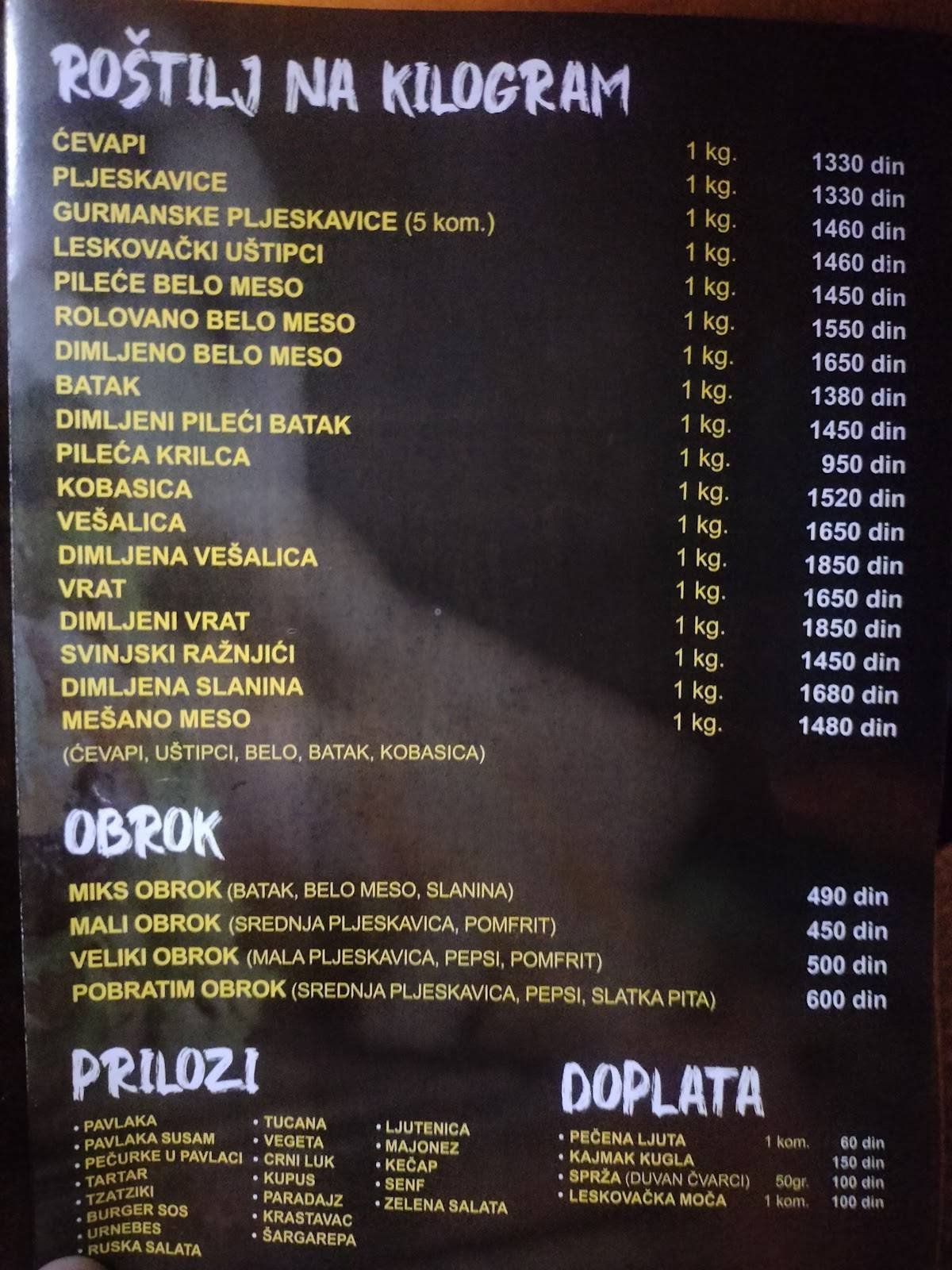 Menu at Kod Pobratima restaurant, Belgrade, Bulevar Peka Dapčevića 253a