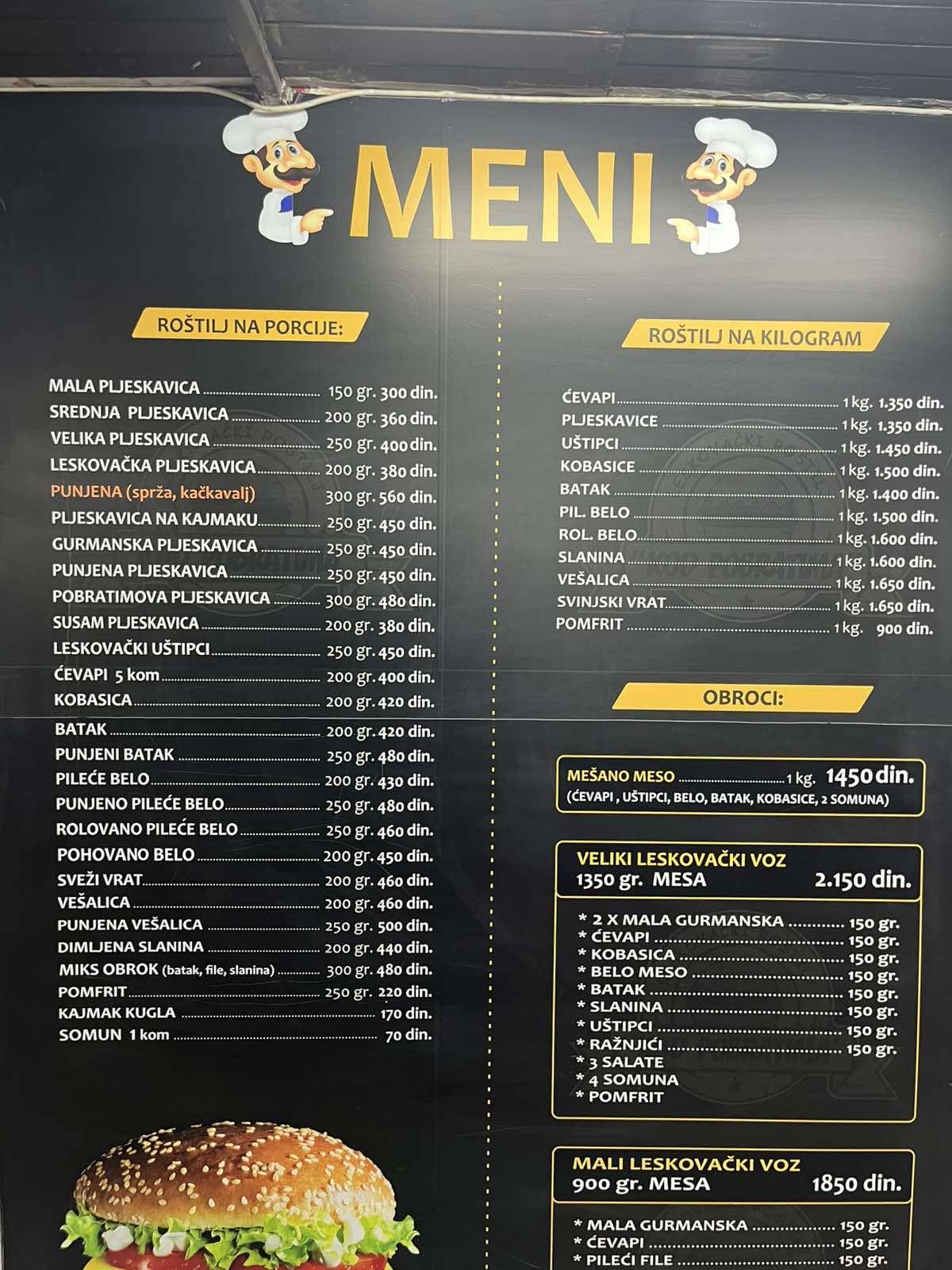 Menu at Kod Pobratima restaurant, Belgrade, Bulevar despota Stefana 204