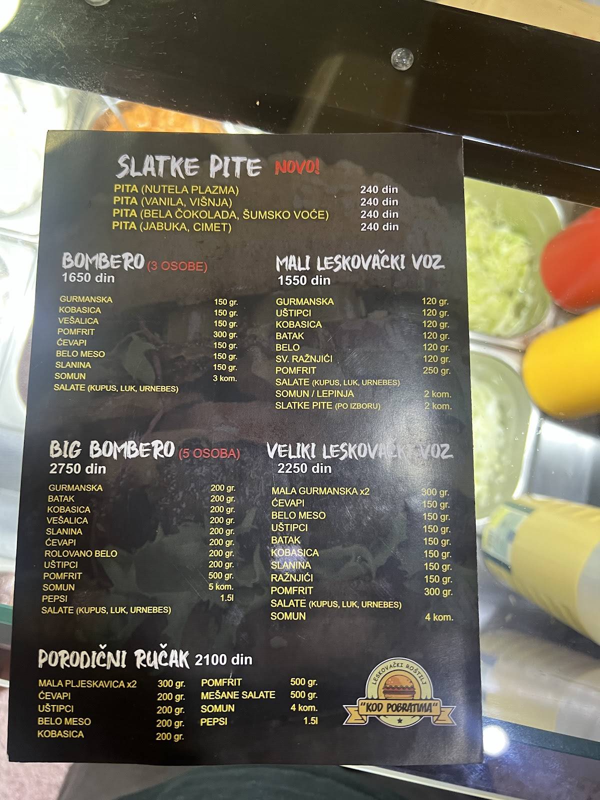 Menu at Kod Pobratima restaurant, Belgrade, Bulevar Peka Dapčevića 253a