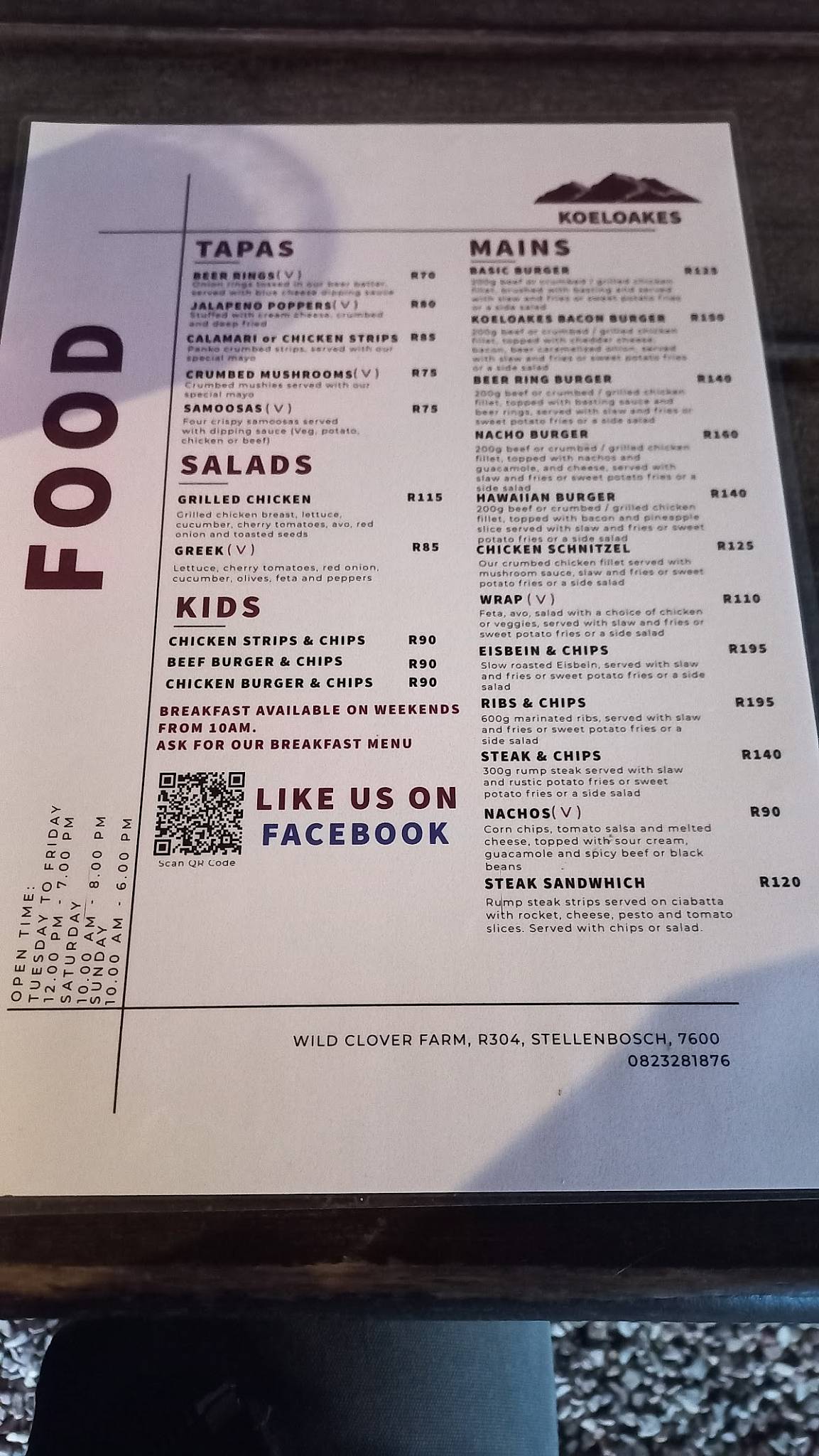 Menu at KoelOakes pub & bar, Stellenbosch, Wild Clover Farm