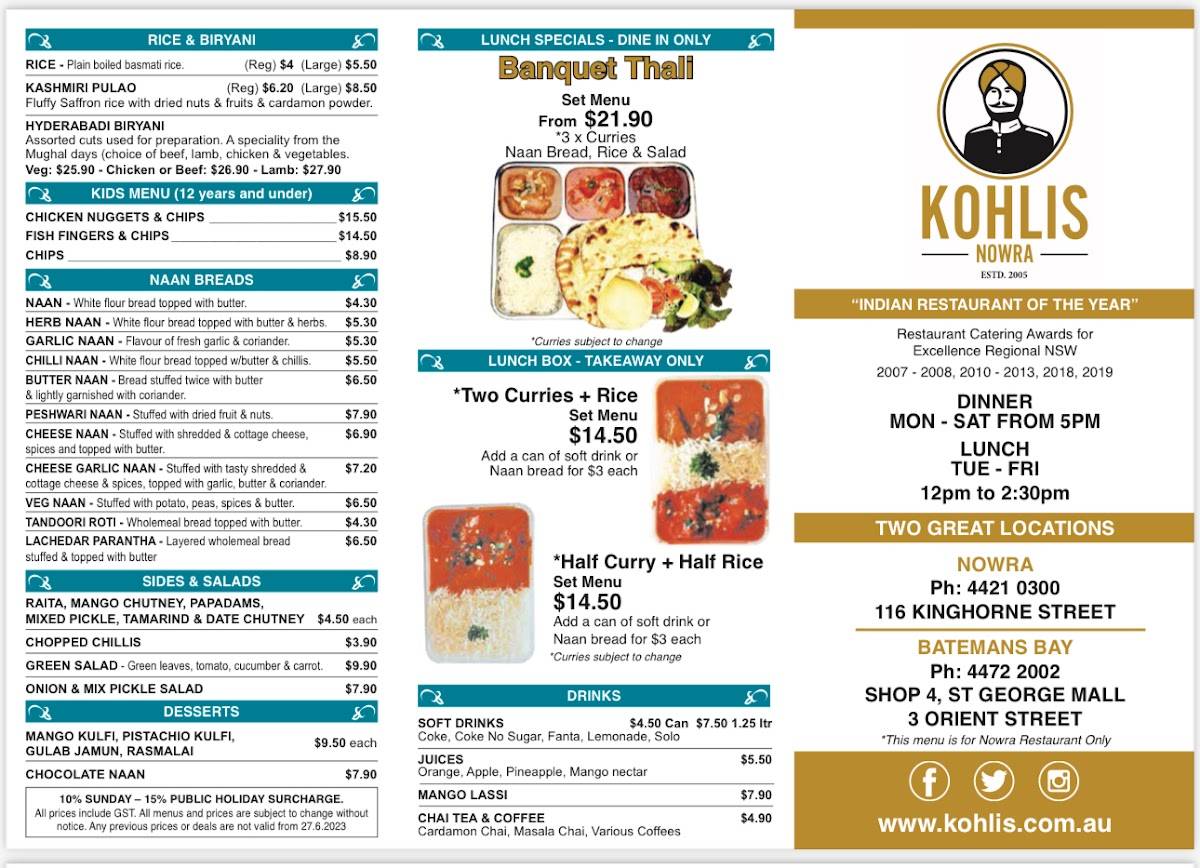 Menu at Kohlis Indian Restaurant Nowra, Nowra