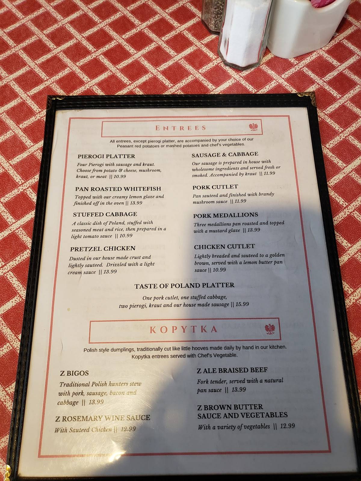 Menu at Kolasa’s Restaurant (The Polish Peasant), Michigan City
