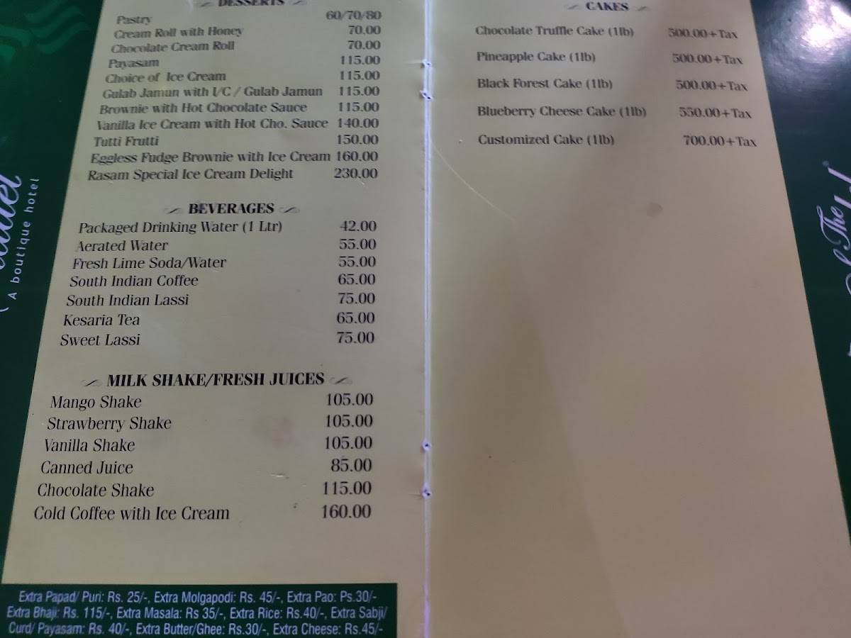 Menu at Rasam, Kolkata, Salt Lake