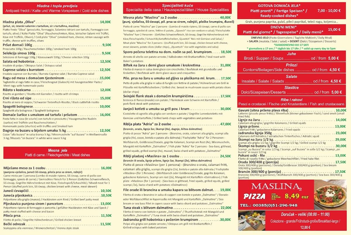 Menu at Konoba Maslina restaurant, Crikvenica, Vinodolska ul. 6