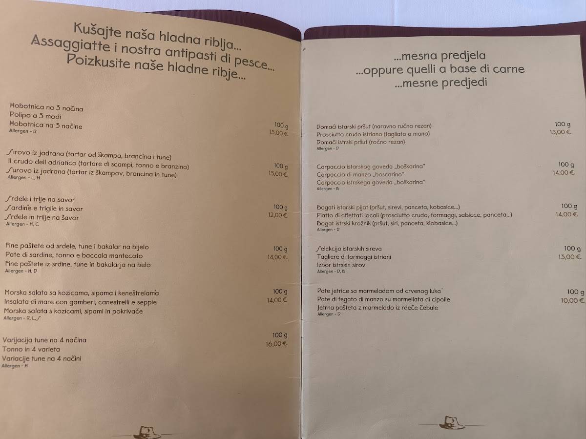 Menu at Konoba Nono restaurant, Umag