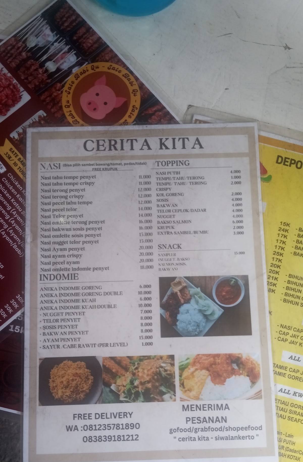 Menu at Kopi susu indomie nasi pecel dan penyetan Cerita kita ...