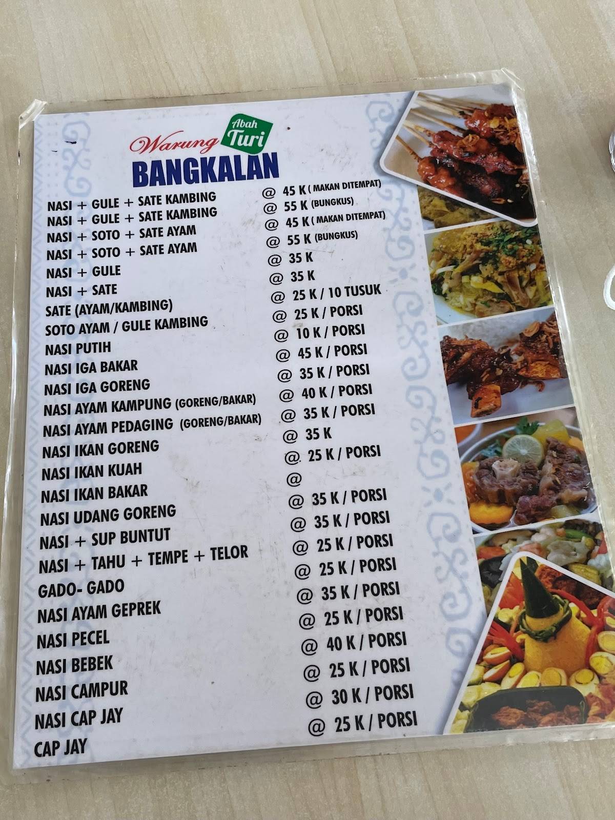 Menu at Kos putih restaurant, Indonesia