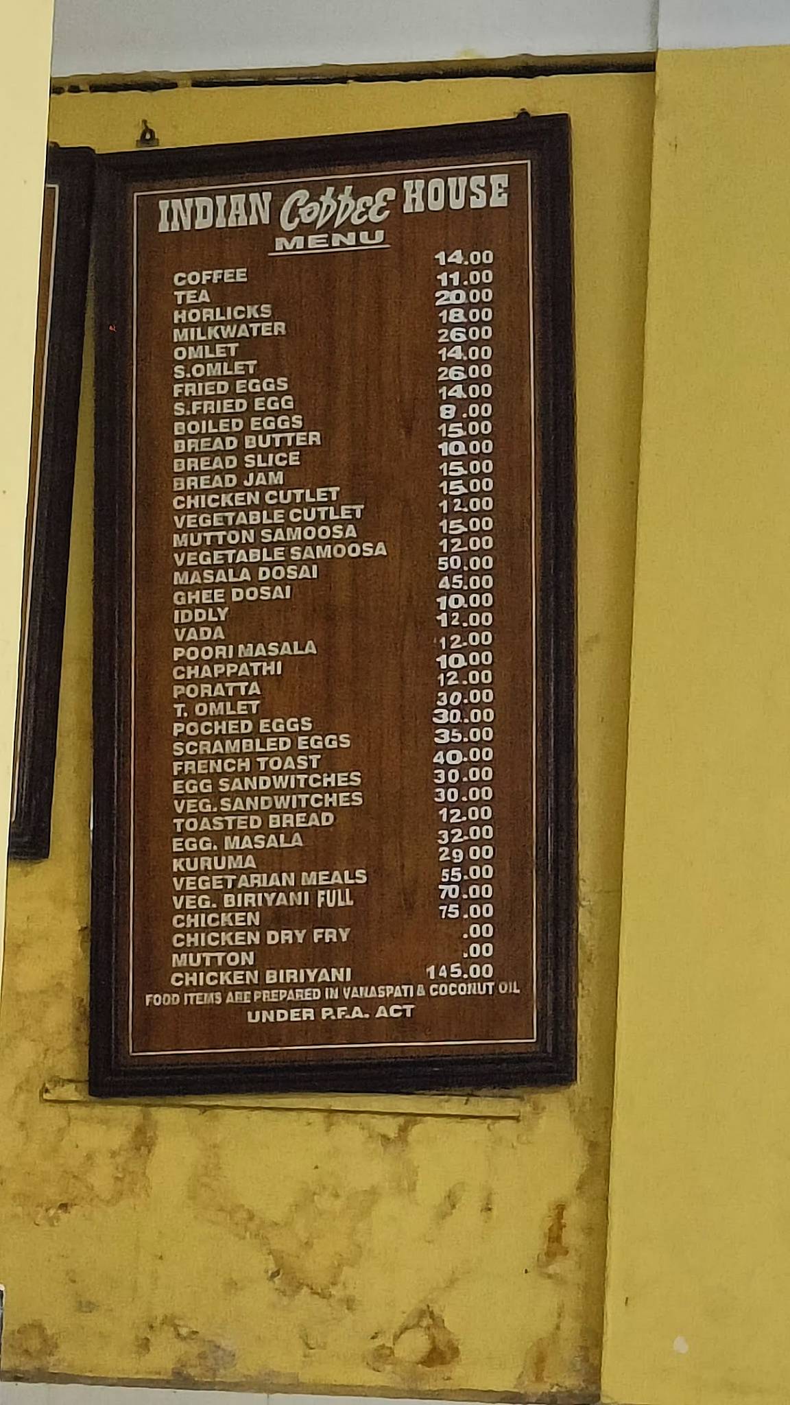 Menu at Indian Coffee House, Kozhikode, Maniyattukudi