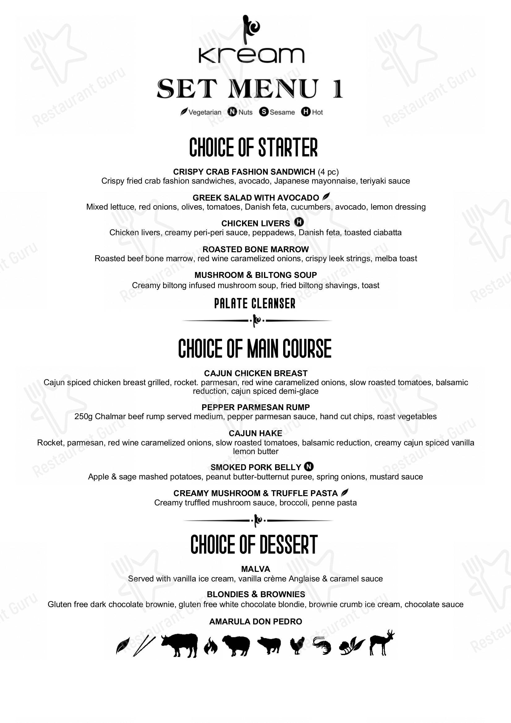 Menu at Kream Restaurant Mall of Africa, Midrand