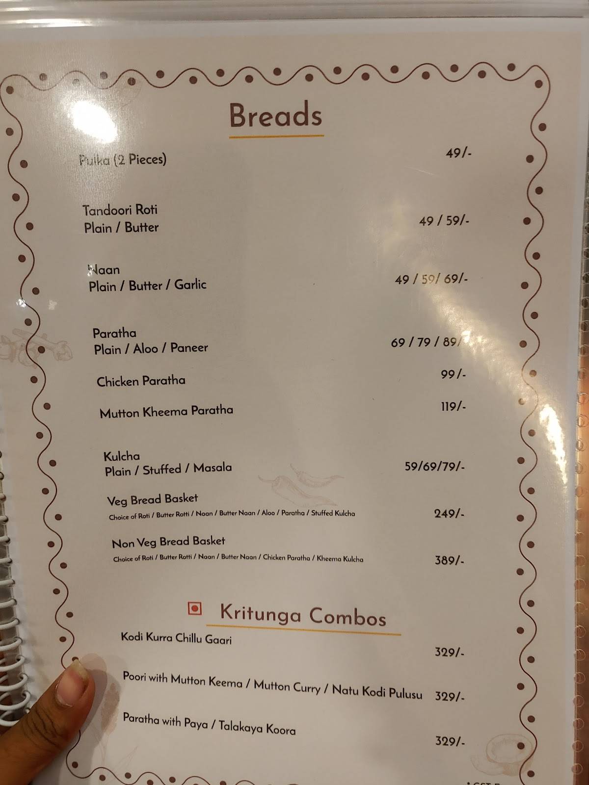 Menu at Kritunga, Kakinada