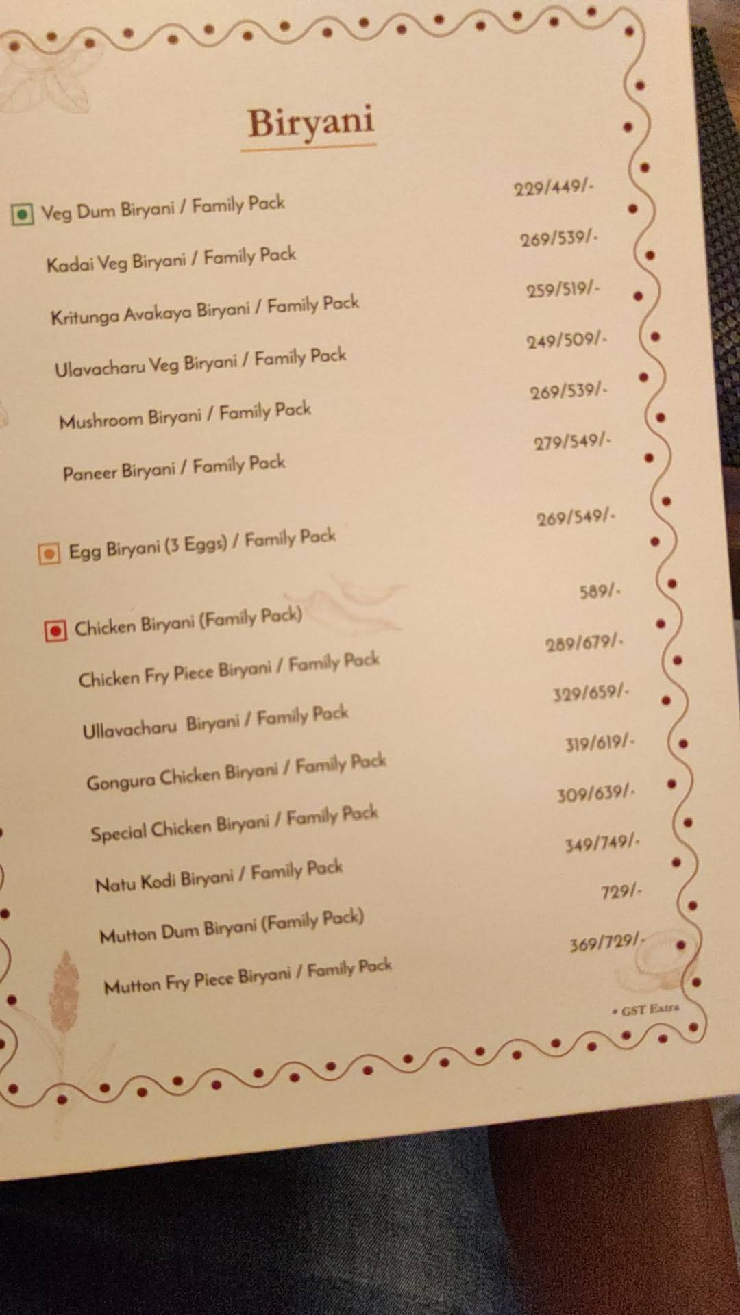 Menu at Kritunga The Palegar's Cusine, Rajahmundry