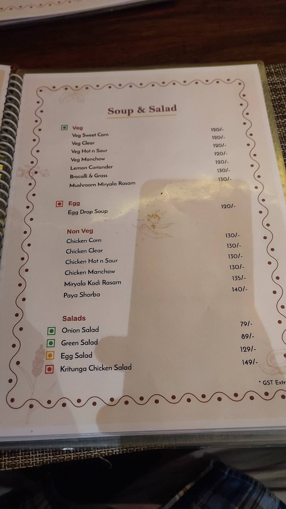Menu at Kritunga, Kakinada