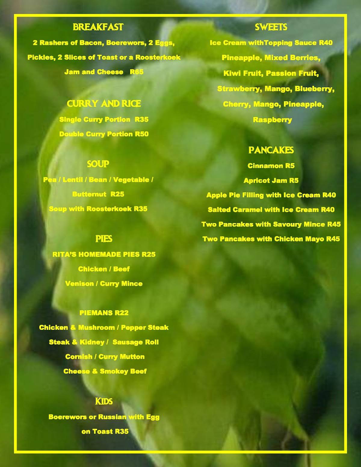 Menu at Kruisaar Farm Stall/Padstal Roosterkoek,Winehouse,Fruit,Mohair ...