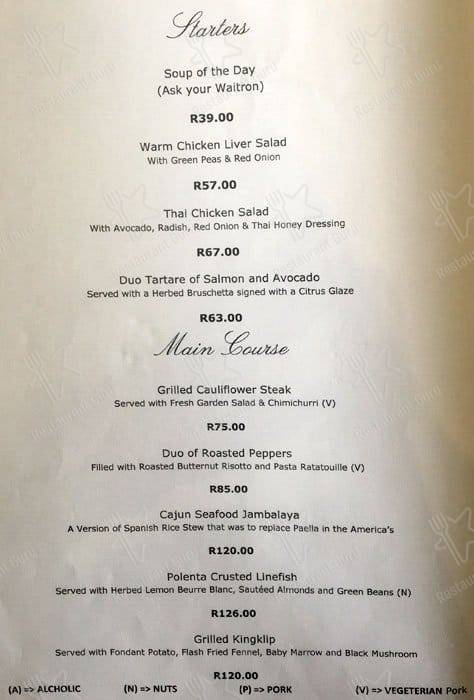 Menu at Krystal Restaurant, Cape Town, Faure Street