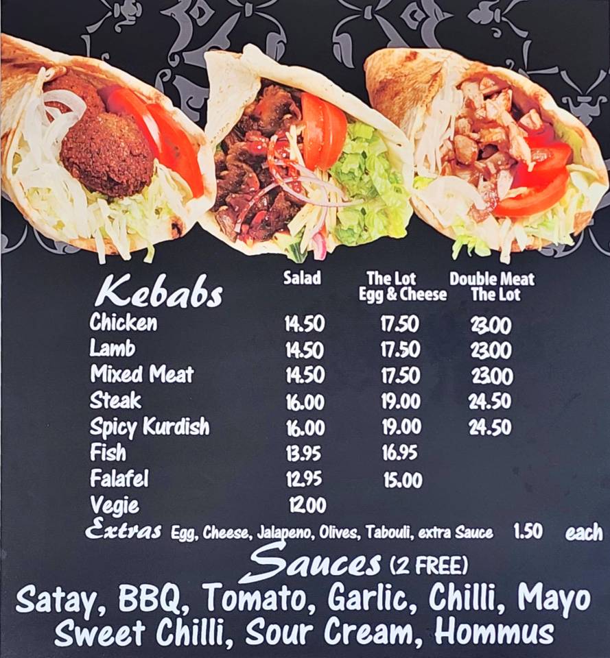 Menu at Kurdish Kebabs fast food, Clarkson