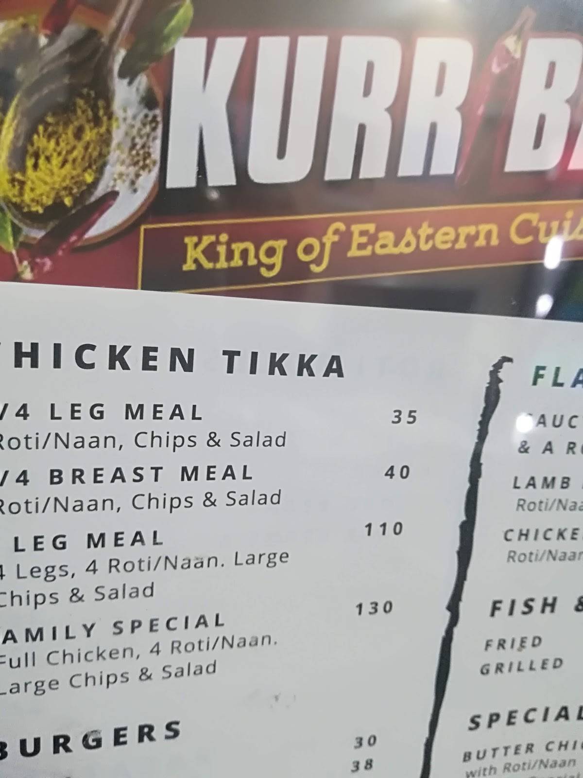 Menu at Kurribar, Durban North