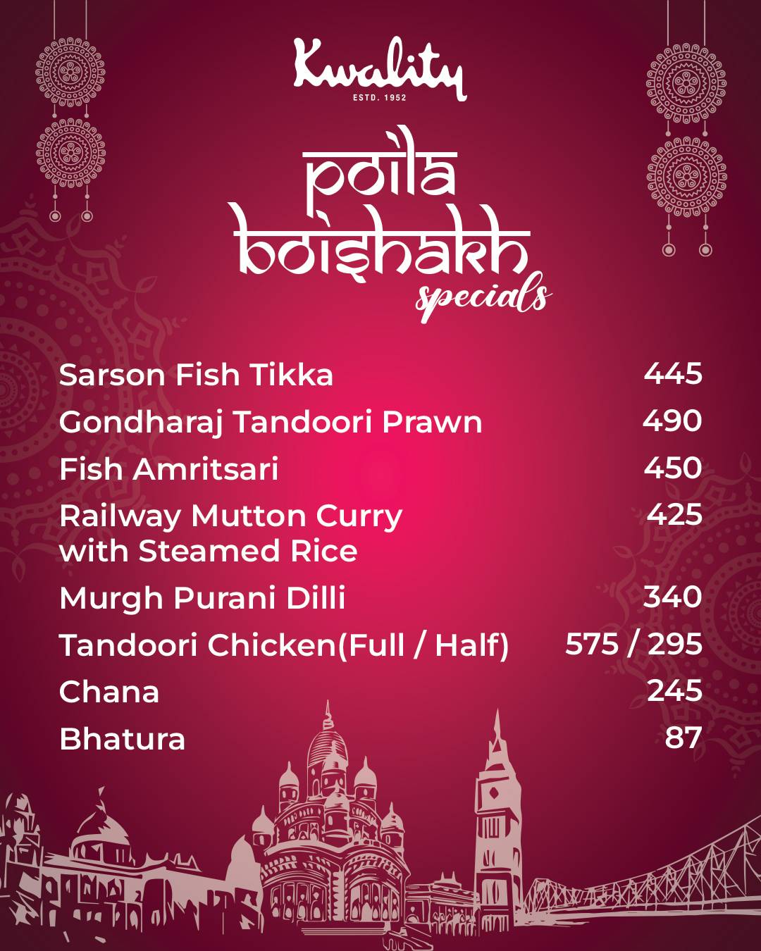 Menu at Kwality- Heritage Indian Restaurant, Kolkata, 17, Park St