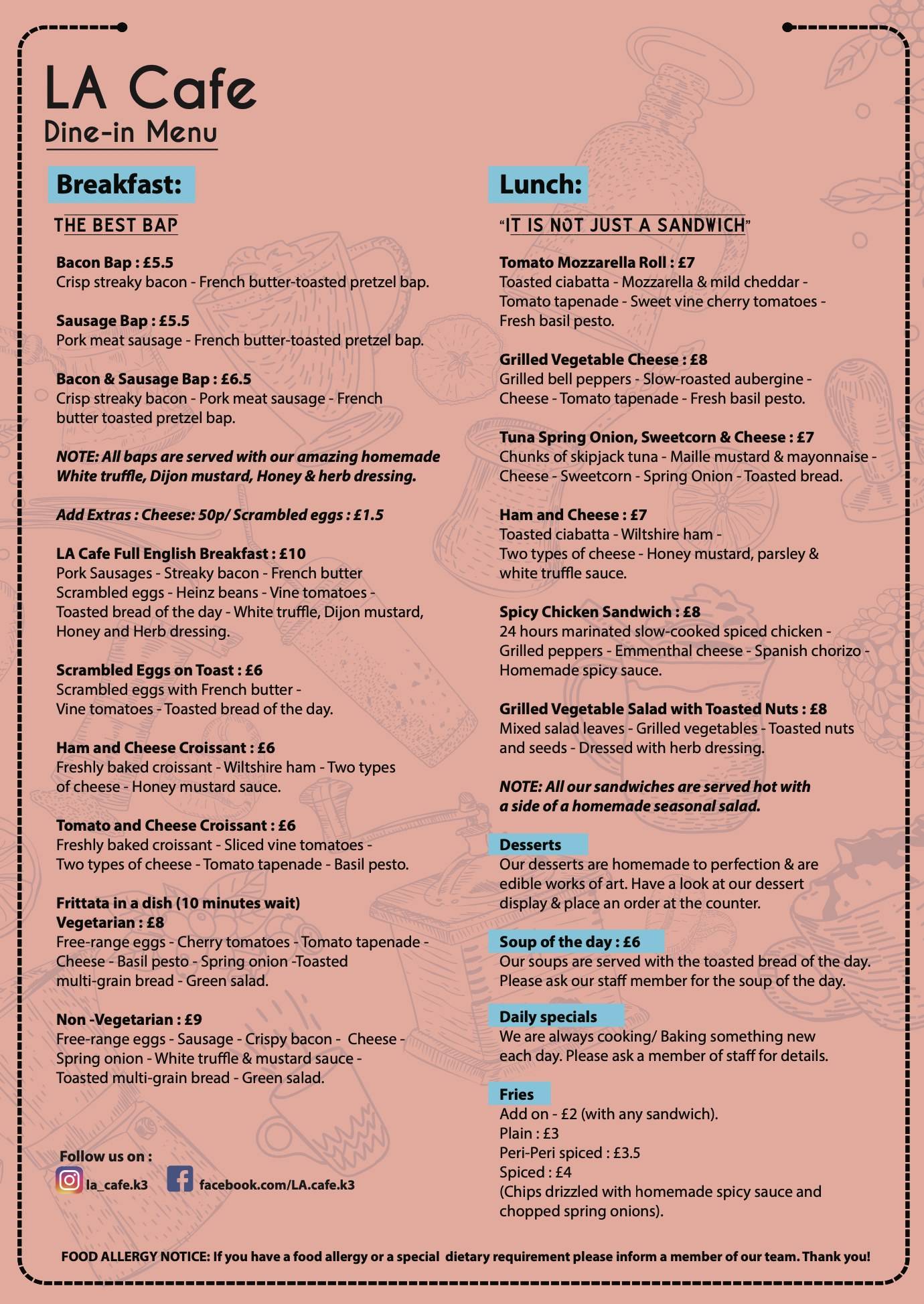 Menu at LA Cafe, Sutton