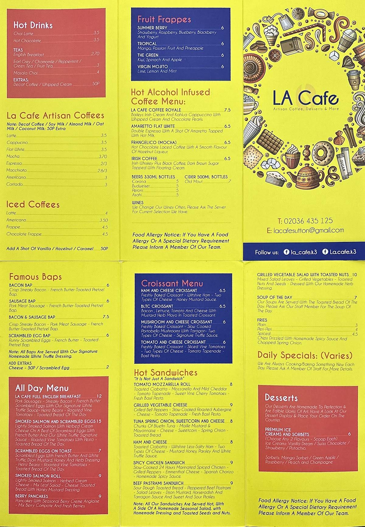 Menu at LA Cafe, Sutton