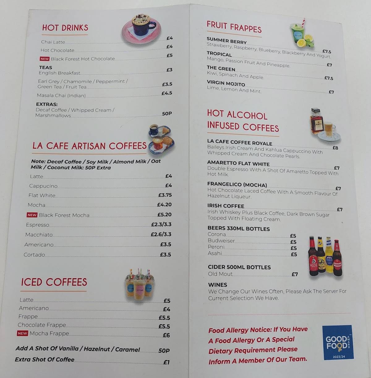 Menu at LA Cafe, Sutton