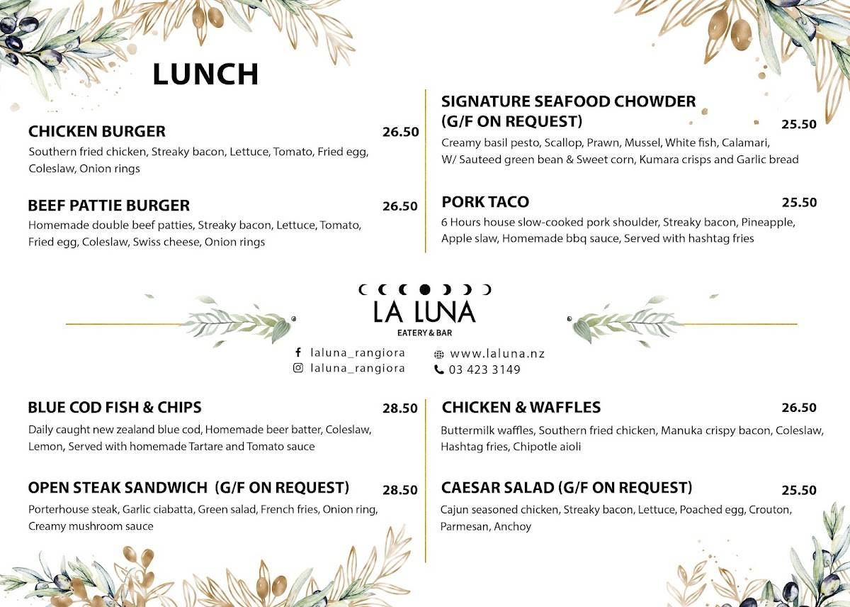 Menu at LA LUNA EATERY & BAR, Rangiora