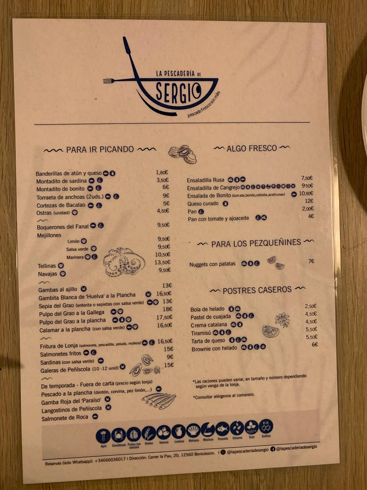 Carta del restaurante LA PESCADERÍA DE SERGIO., Benicasim
