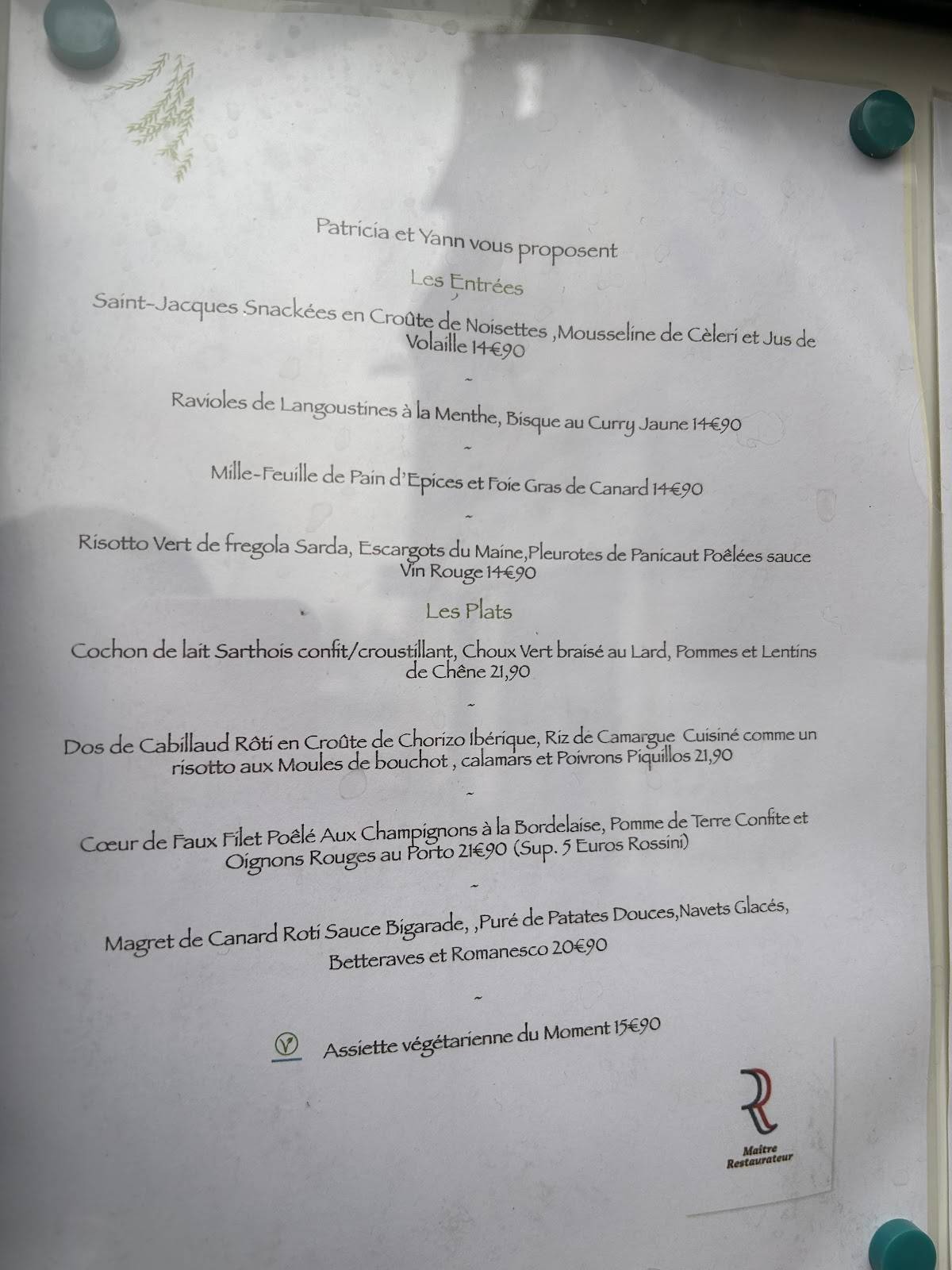 Menu au LA TERRASSE restaurant, Sablé-sur-Sarthe