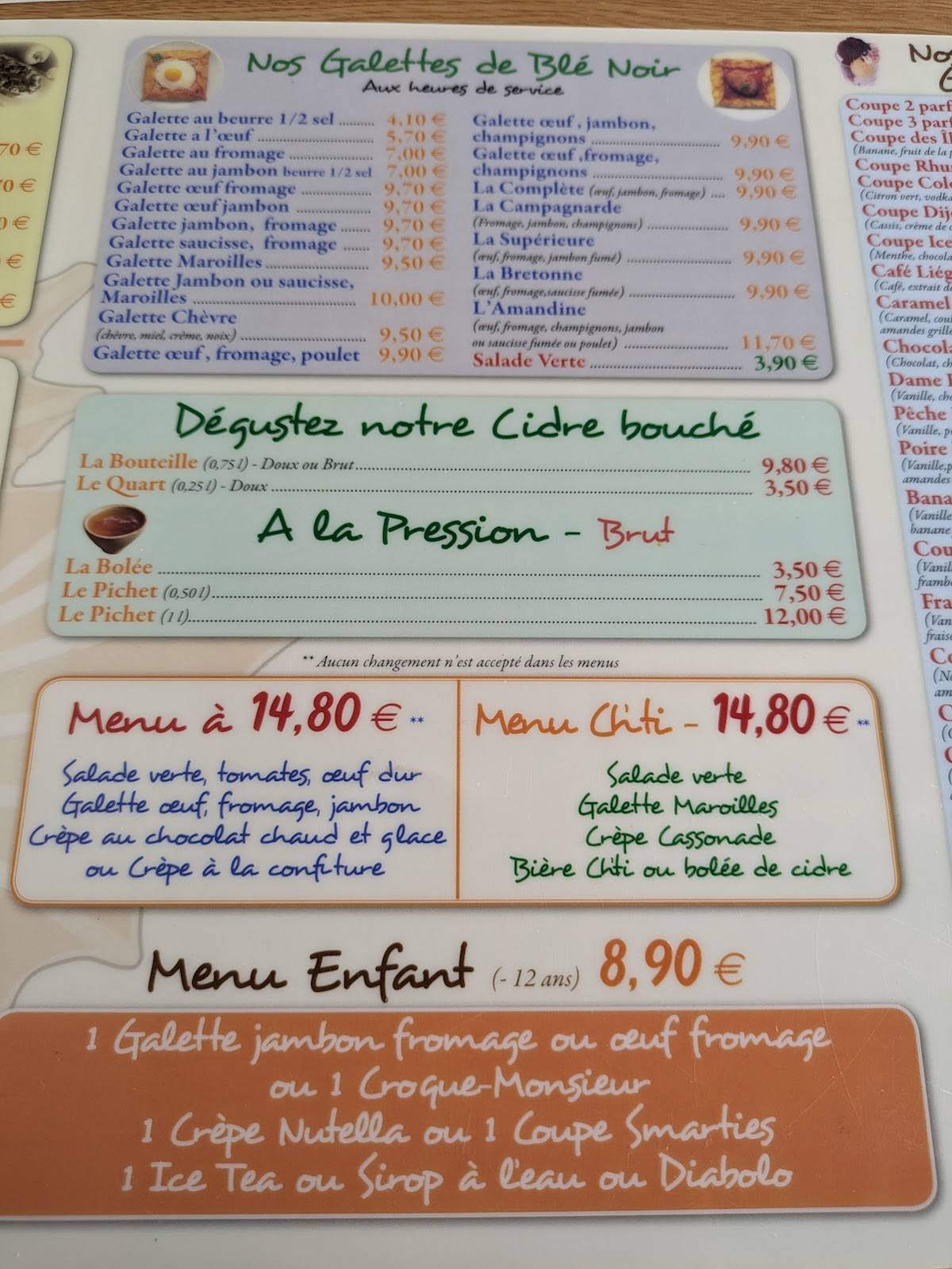 Carta del restaurante L'Amandine, Fort-Mahon-Plage