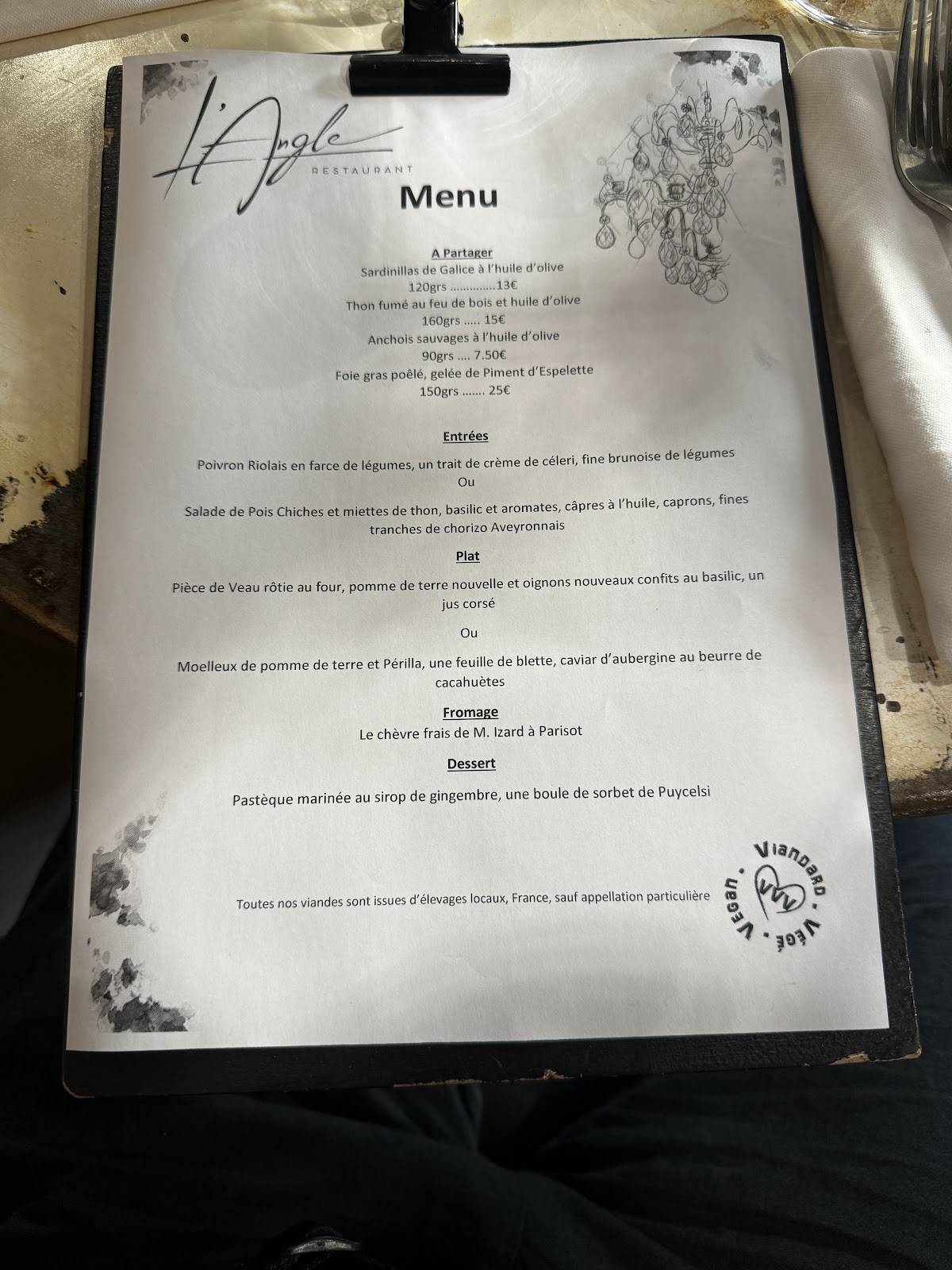 Menu au L'Angle restaurant, Laguépie