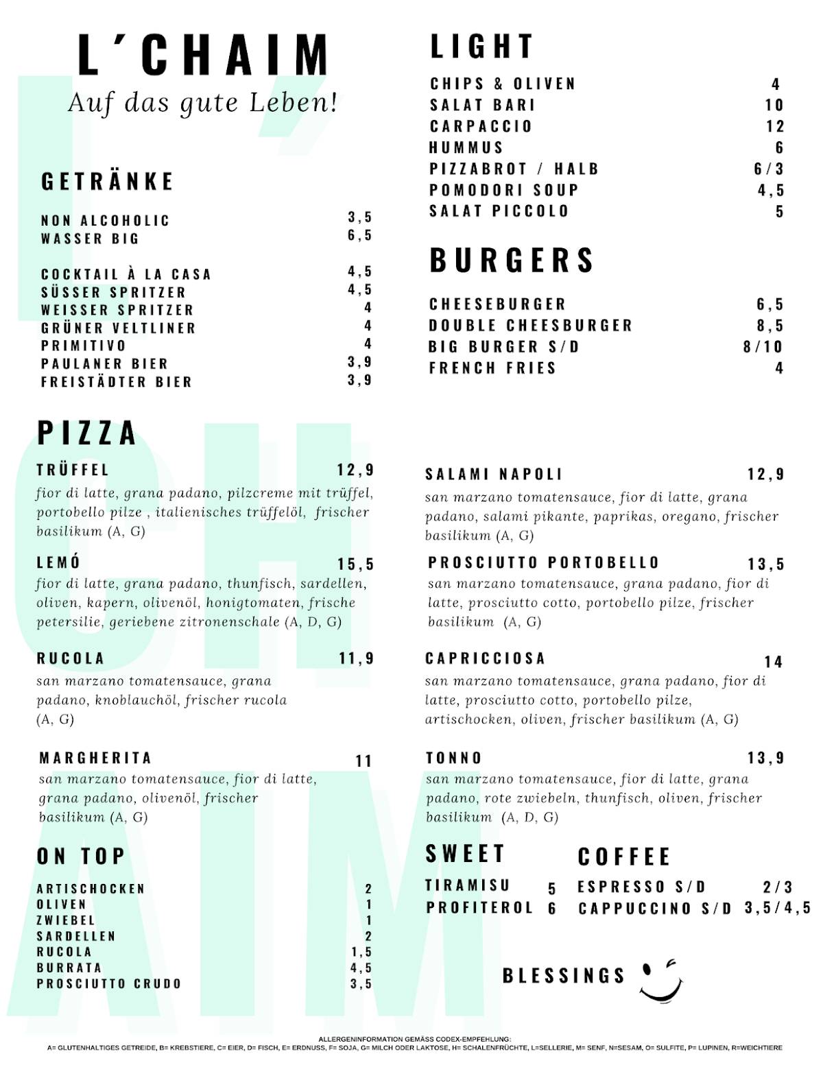 Speisekarte von L‘Chaim pizza, Pasching