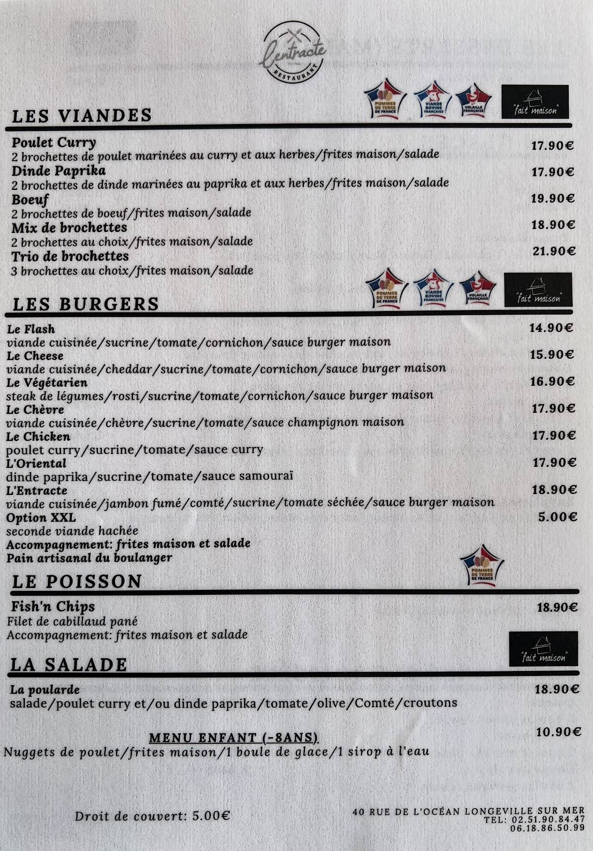 Menu au L'ENTRACTE restaurant, Longeville-sur-Mer